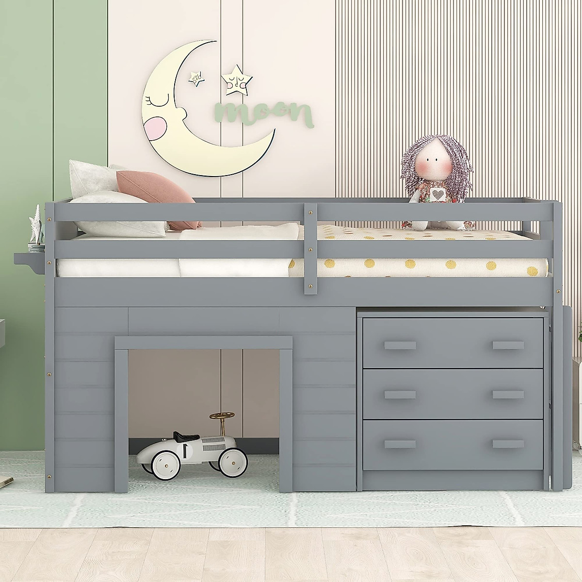 CITYLIGHT Low Loft Bed with Storage,Wood Twin Size Loft Bed with Cabinet and Shelf,Kids Loft Bed Frame for Girls Boys,Grey