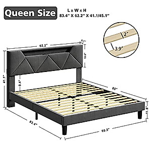 ANCTOR Queen Bed Frame with Storage Headboard and Charging Station, LED Lights Upholstered Platform Bed, Heavy Duty Steel Support Legs, Easy Assembly, Noise Free