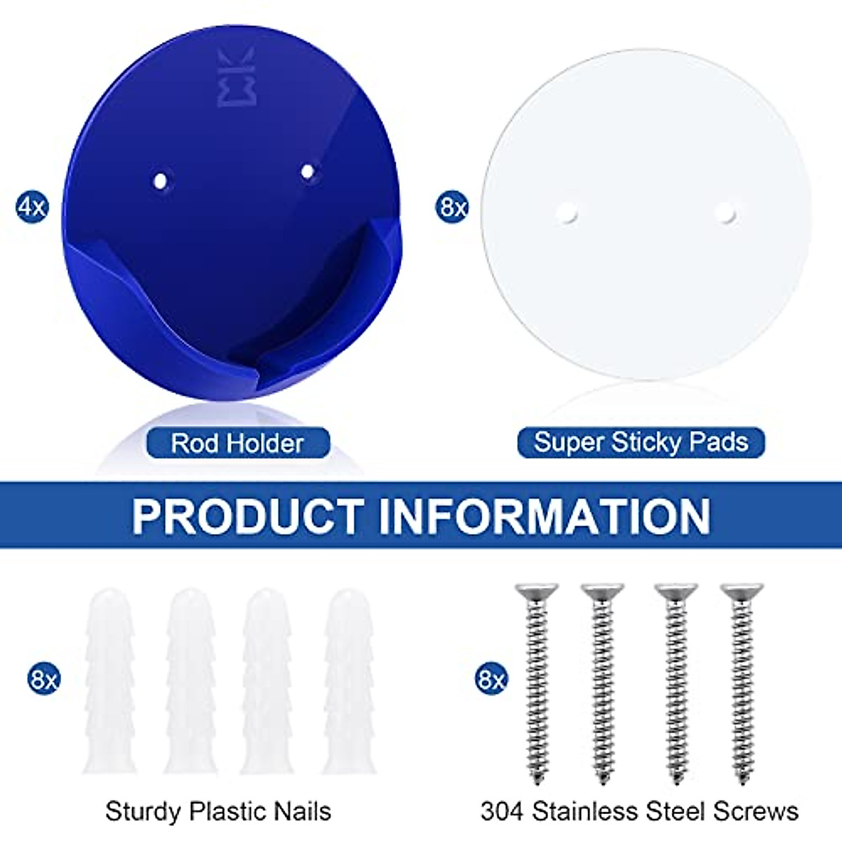 Shower Curtain Rod Holder for Wall – Adhesive Bathroom Tension Rod Retainer with Wide Bracket Include Strong Tapes for No Drilling Quick Mount and 304 Screws for Permanent Installation (Royal Blue)