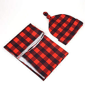 ZOONAI Red and Black Plaid Swaddle Blanket Baby Newborn Receiving Blanket Infant Sleeping Cloth Wrap with Hat (Red Black)