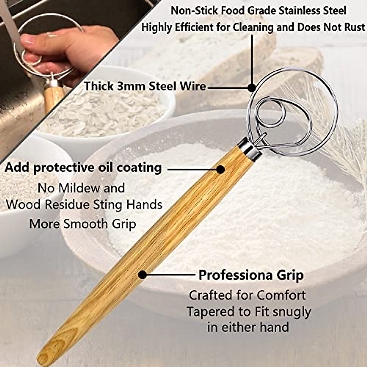 Danish Dough Whisk, Dutch Style Bread Whisk For Dough Cooking Kitchen with Stainless Steel Danish Whisk Bread Mixer 13" and Dough Scraper