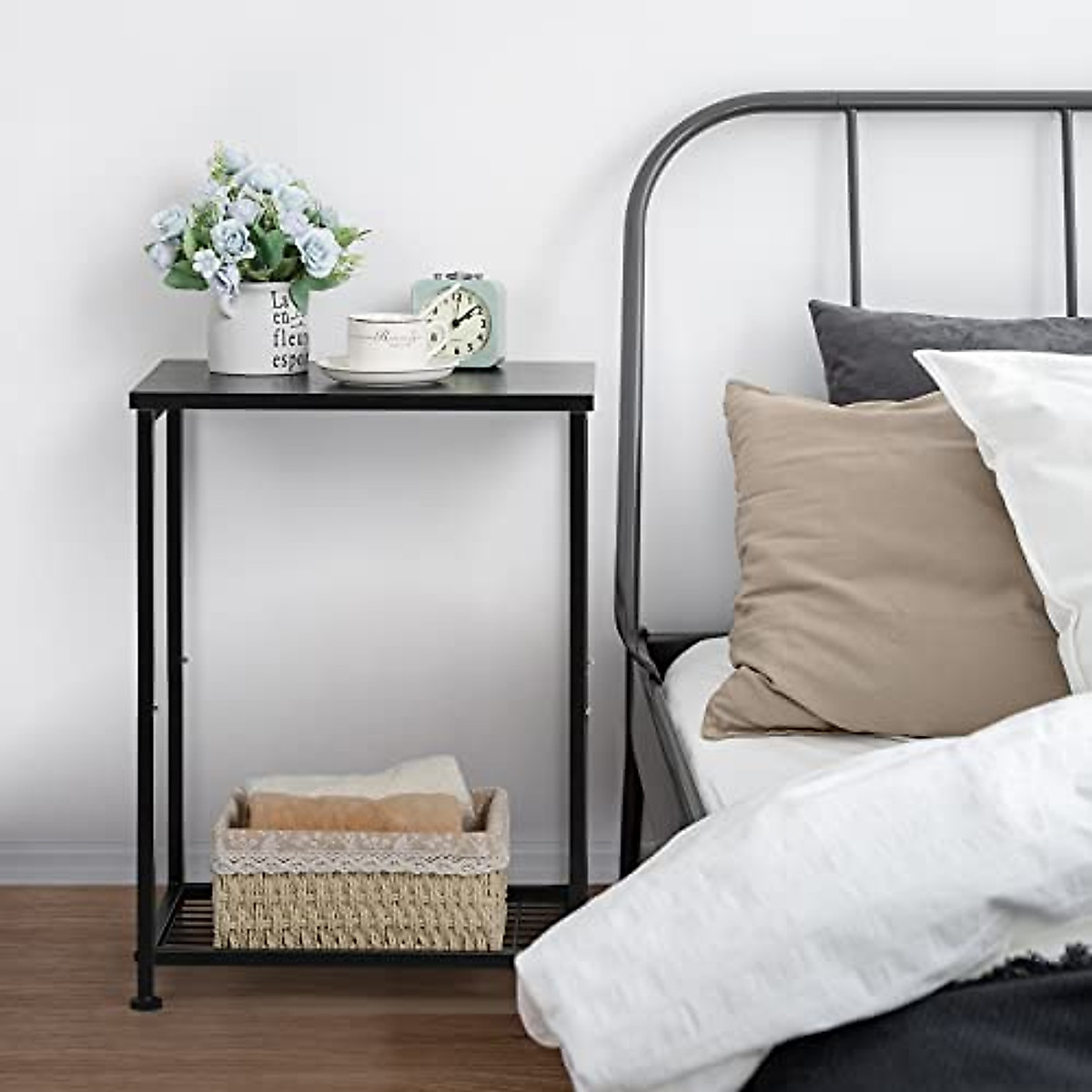 smusei Black Nightstands Set of 2 Side Table Living Room for Small Spaces Narrow Bedside Tables and Small End Table Sets with Open Storage Shelves for Bedroom Guest Room Decor