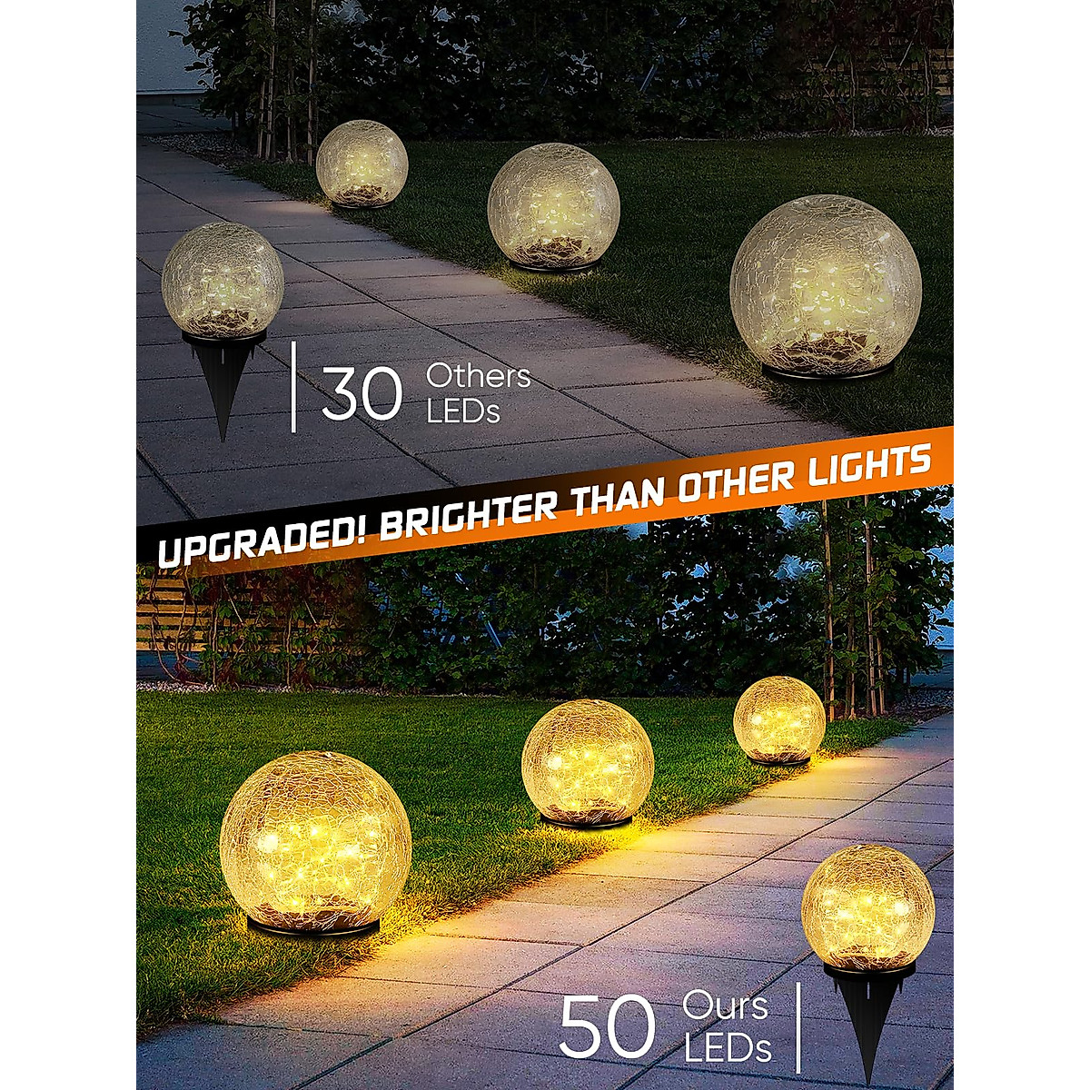Garden Solar Ball Lights Outdoor Waterproof, 50 LED Cracked Glass Globe Solar Power Ground Lights for Path Yard Patio Lawn, Christmas Decoration Landscape Warm White(2 Pack 4.7'')