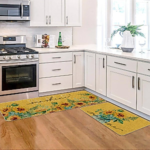 Artoid Mode Yellow Sunflowers Hello Sunshine Summer Kitchen Mats Set of 2, Seasonal Holiday Anniversary Holiday Decorations for Home Kitchen - 17x29 and 17x47 Inch