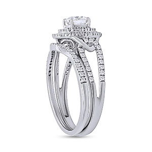 SAVEARTH DIAMONDS 1 CT Center 5MM Cushion & Round Cut Lab Created Moissanite Diamond Double Halo Split Shank Bridal Set Ring In 14K White Gold Over Sterling Silver(VVS1 Clarity)-10