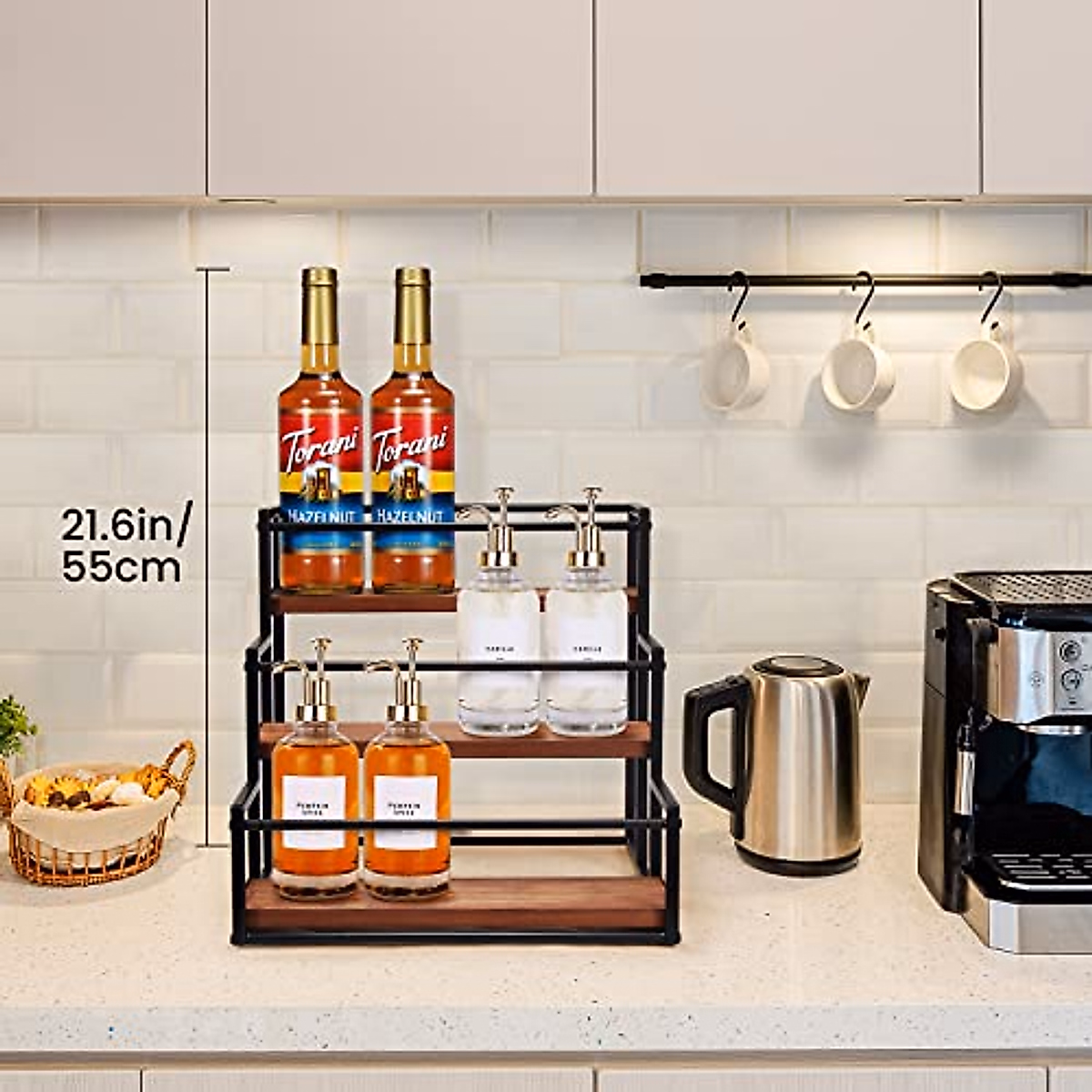 THYGIFTREE Syrup Bottle Holder Rack for Coffee Bar 3-Tier Coffee Syrup Organizer Stand 12 Bottles Storage Shelves for Syrup, Wine, Dressing for Kitchen Coffee Shop (Brown)