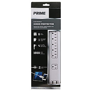 Prime Wire & Cable PB525106 6-Outlet Electronics Surge Protector with 14/3 SJT 4-Feet Cord and USB Charger, White