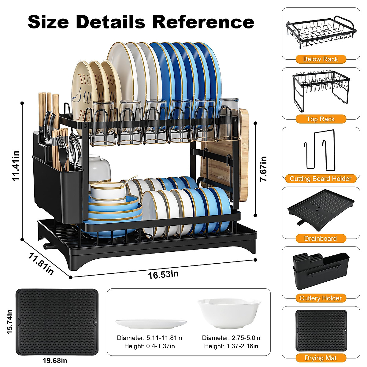 SRIVIJA 2 Tier Detachable Large Sink Dish Drying Rack Over The Kitchen Counter with Drainboard&Silicone Dish Drying Mat,Kitchen Large 2 Tier Stainless Steel Drying Rack with Dishes Drainer(Black)