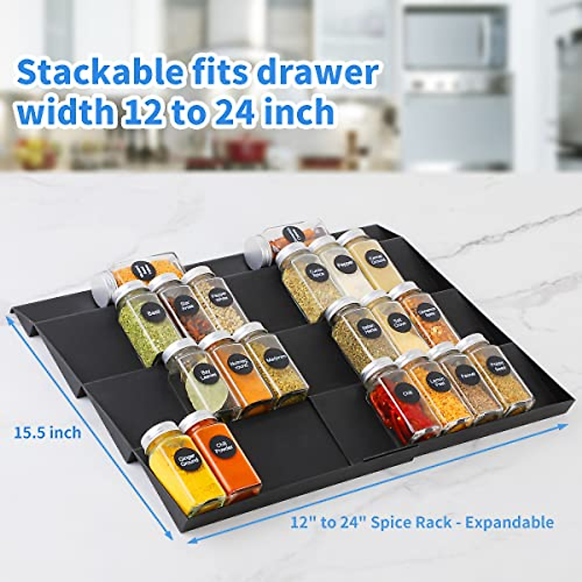 QIZENME Spice Drawer Organizer, 4 Tier Spice Rack Organizer for Cabinet Drawer, 2 Pack Expandable Seasoning Organizer Insert from 12" to 24", Drawer Spice Rack Tray for Cabinet/Countertop (Black)