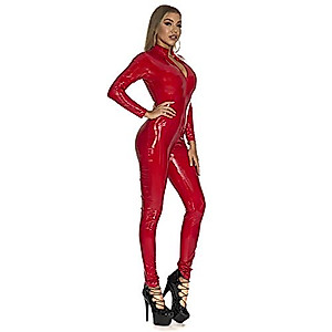 FEOYA Womens Wet Look Zipper Cat Suit Latex Catsuit Patent Leather Bodysuit Metallic Jumpsuit One Piece Party Clubwear Skinny Stretch Pvc Outfits Red, 2XL