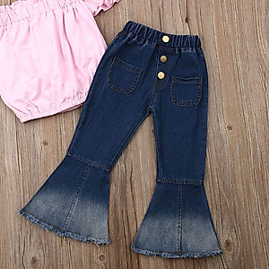 preetyyou Toddler Baby Girl Clothes Off Shoulder Tube Top Shirt Bell Bottom Jeans Pants Summer Outfits (Pink, 1-2T)