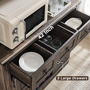 OKD Farmhouse Bar Cabinet with Sliding Barn Door, 72" Rustic Buffet with Hutch with Wine and Glasses Rack, 3 Drawers, Storage Shelves, Sideboard Cupboard for Kitchen, Dining Room, Dark Rustic Oak