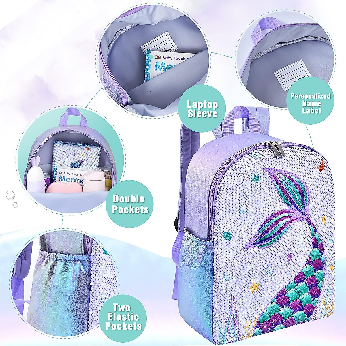 WERNNSAI Mermaid Kids Backpack Set - 15” Mermaid Sequins School Backpack with Lunch Bag for Girls Preschool Kindergarten Elementary Travel Laptop Lightweight Book Bag Insulated Lunch Tote Bag