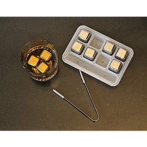 Set of 8 Whiskey Stones, Reusable Ice Cubes, Beverage Chilling Rocks, Premium Stainless Steel Gifts For Men, Dad, Christmas, Includes Storage Tray and Silicone Tip Tongs.