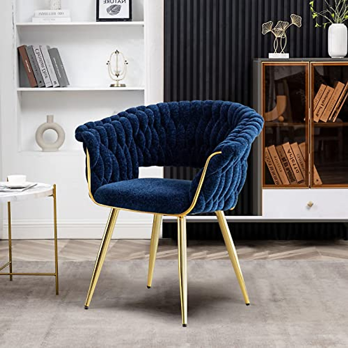 Modern Dining Chairs Chenille Upholstered Dining Chairs with Arms, Knot Woven Living Room Accent Chairs with Gold Metal Legs, Mid-Century Makeup Vanity Chair for Dining Room, Kitchen Bedroom (Blue)