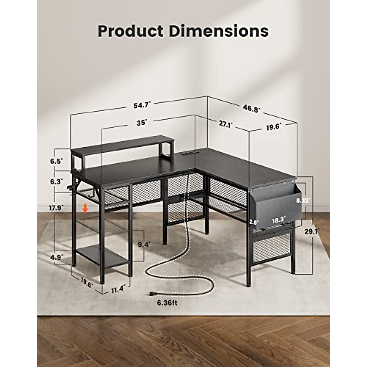 ErGear L Shaped Computer Desk with USB Charging Port and Power Outlet, 55 inch Corner Desk with Storage Shelves, 2 Person Long Gaming Table Modern Home Office Desk