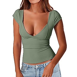 Trendy Queen Women's Sexy Deep V Neck Backless Tops Short Sleeve T-Shirts Trendy Crop Tops Y2K Summer Clothes Bustier Corset Cami 2023 Light Green