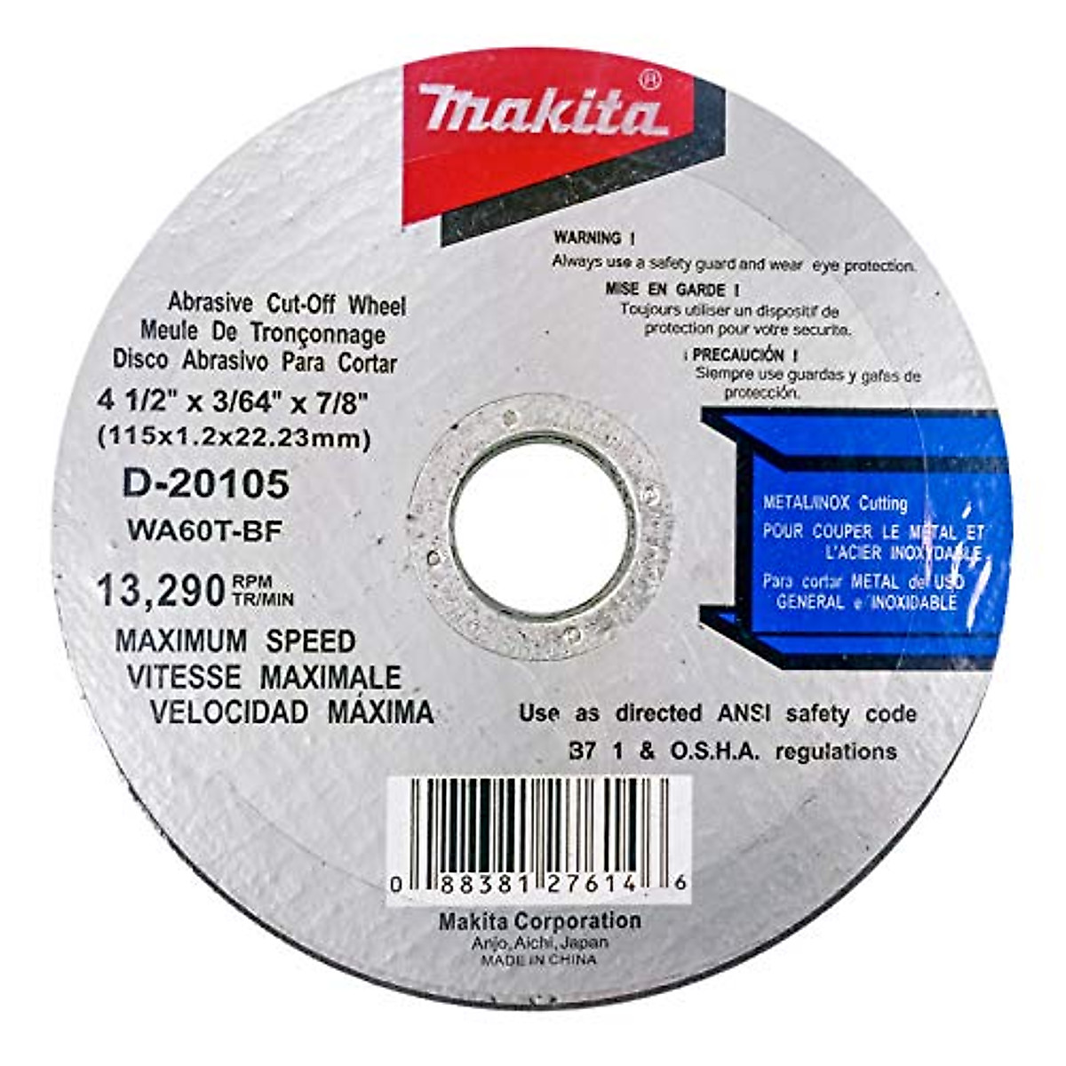 Makita 5 Pack - 4.5" Cut Off Wheels For 4.5" Grinders - Aggressive Cutting For Metal & Stainless Steel/INOX - 4-1/2" x .045" x 7/8-Inch