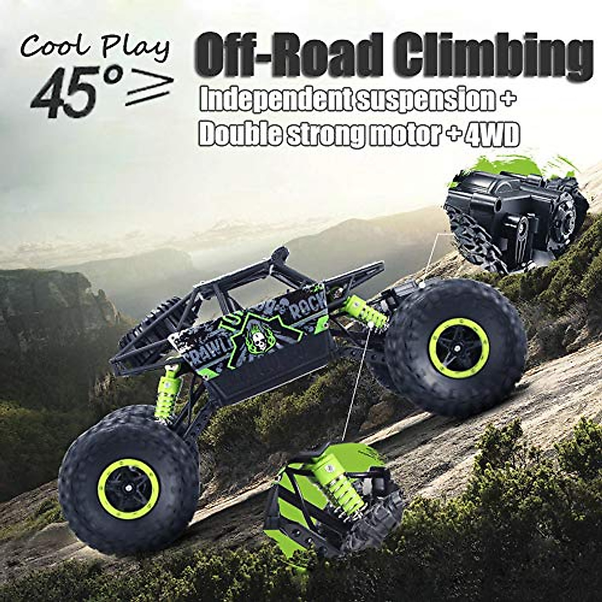 SZJJX Remote Control Car 2.4Ghz RC Cars 4WD Powerful All Terrains RC Rock Crawler Electric Radio Control Cars Off Road RC Monster Trucks Toys with 2 Batteries for Kids Boys Girls Green