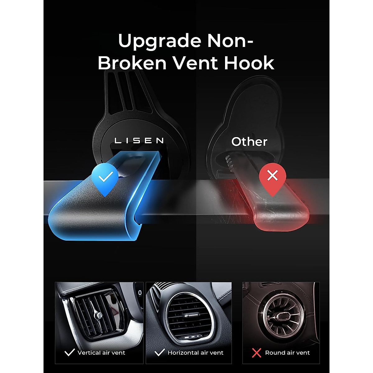 LISEN 2 Pack Fits MagSafe Car Mount - [24 Super Magnets] Magnetic Car Phone Mount, Air Vent Phone Holder Car, Hands Free Cell Phone Holder Clip for iPhone 15 14 13 Pro Plus Max Mini Mag Safe Case