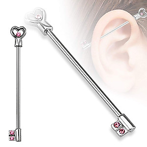 Dynamique 14GA Heart Key with CZs 316L Surgical Steel Industrial Barbell (Clear)