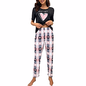 SOLY HUX Women's Heart Letter Print Short Sleeve T Shirt and Plaid Pants 2 Piece Summer Pajama Set Black Heart L