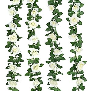 Flower Vines Rose Garland Silk Flowers White Flower Garland Faux Flowers Decor Indoor Fake Vines With Fake Flowers Artificial Flowers Outdoor Home Wedding Party Garden Wall Decoration(4 Pack /30.4 Ft)