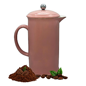 French Press Coffee Maker Stoneware Vintage Cafetiere 34 Ounces Insulated Heat Retention Dishwasher Safe (Pink)