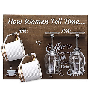 Maitys Funny Gifts Wine Gifts for Women Coffee and Wine Holder How Women Tell Time Mug Rack Wine Glass Holder Farmhouse Kitchen Decor