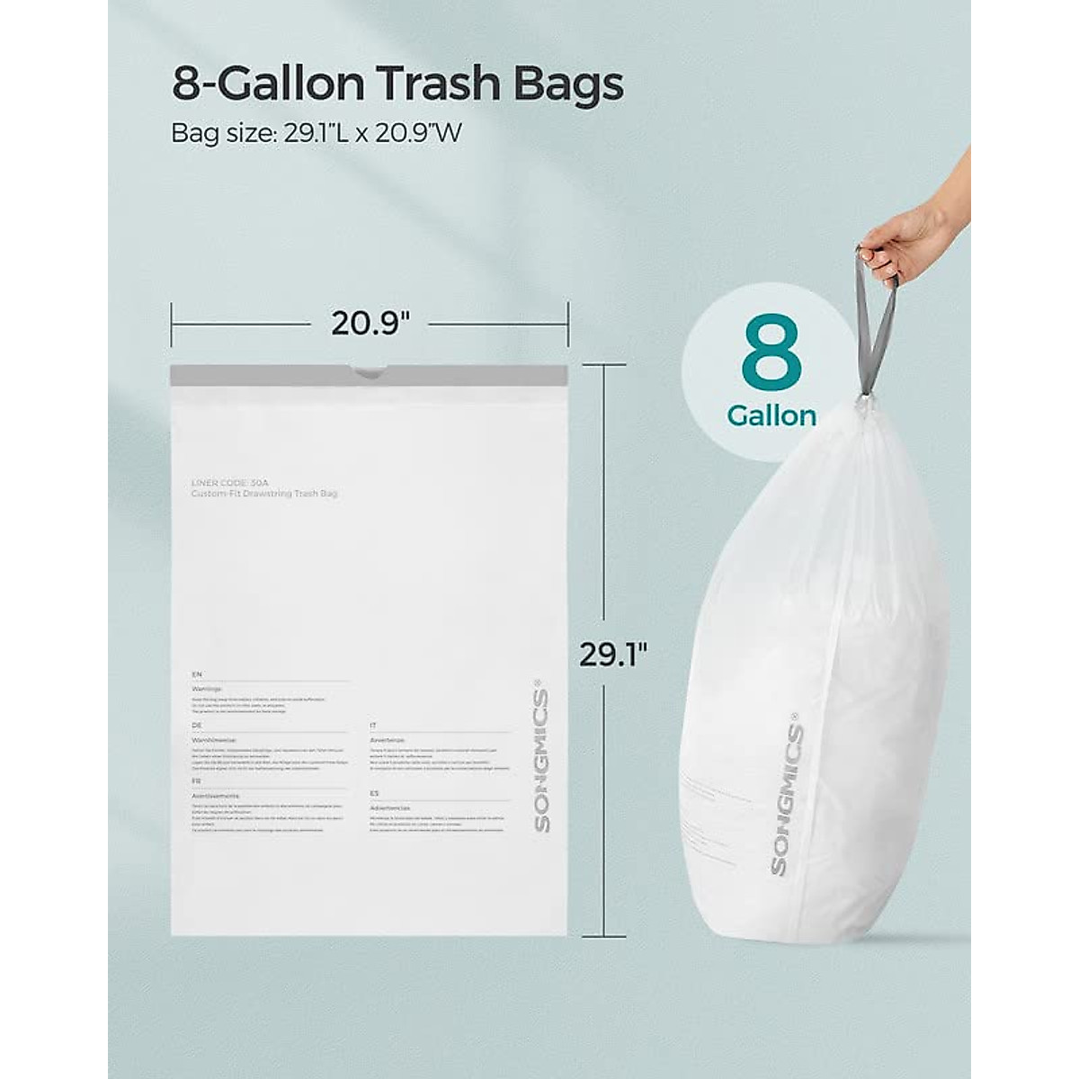 SONGMICS Drawstring Trash Bags, 8 Gallon Garbage Bags for 8-Gallon or 16-Gallon Dual Trash Cans, Trash Liners, Custom-Fit, Liner Code 30A, 2 Rolls, 90 Count, Watertight, Kitchen, White UKRB30A02