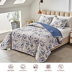 Joyreap 2 Pieces Microfiber Quilt Set, Botanical Blue Leaves on Light Gray Reversible Design, Bedspread Bed Cover for All Season, 1 Quilt and 1 Pillow Sham (Twin, 68x86 inches)