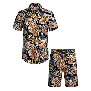 COOFANDY Men's Floral Pattern 2 Piece Summer Beach Short Sleeve Tracksuits