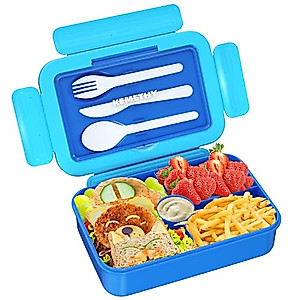 Bento Lunch Box for Kids, 4 Compartment Lunch Boxes Kids, Cutlery Storage Built-in Utensil Set, Leak-proof, Thicken, Microwave/Dishwasher/Freezer Safe, BPA-Free, Blue