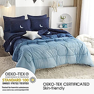 HYPREST Bed in A Bag Queen Comforter Set with Sheets - 7 Pieces Queen Teen Comforter Sets for Girls Boys, Monn Star Blue Bedding Comforter Sets Super Soft Lightweight Breathable(Oeko-Tex Certified)
