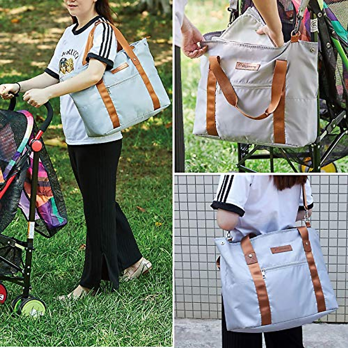 Baby Large Diaper Bag, Maternity Nappy Tote Bags for Mom Organizer Multi-Function Travel Shoulder Bag Waterproof with Stroller Straps, Nappy Changing Pad, Insulated Pockets Grey