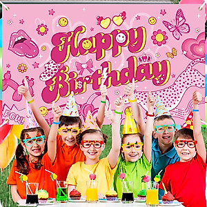 Qpout Pink Preppy Birthday Backdrop with Polyester Fabric, Hot Pink Theme, for Girls Women Party Decorations