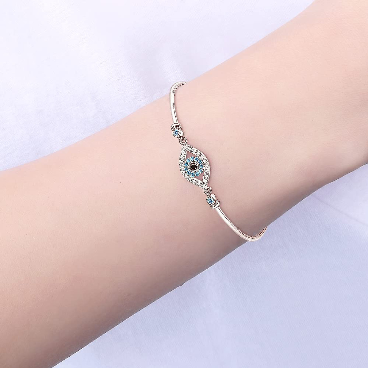 Jewlikee Evil Eye Bracelet Sterling Silver Blue Evil Eye Bangles Bracelets for Women Good Luck Protection Third Eye Amulet