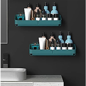 Fineget Plastic Shower Caddy Basket Shelf Large Adhesive Shower Shelves for Wall Bathroom Kitchen Bathtub Rustproof No Drilling Space Saving Shower Storage Organizer Deep Green 2 Pack