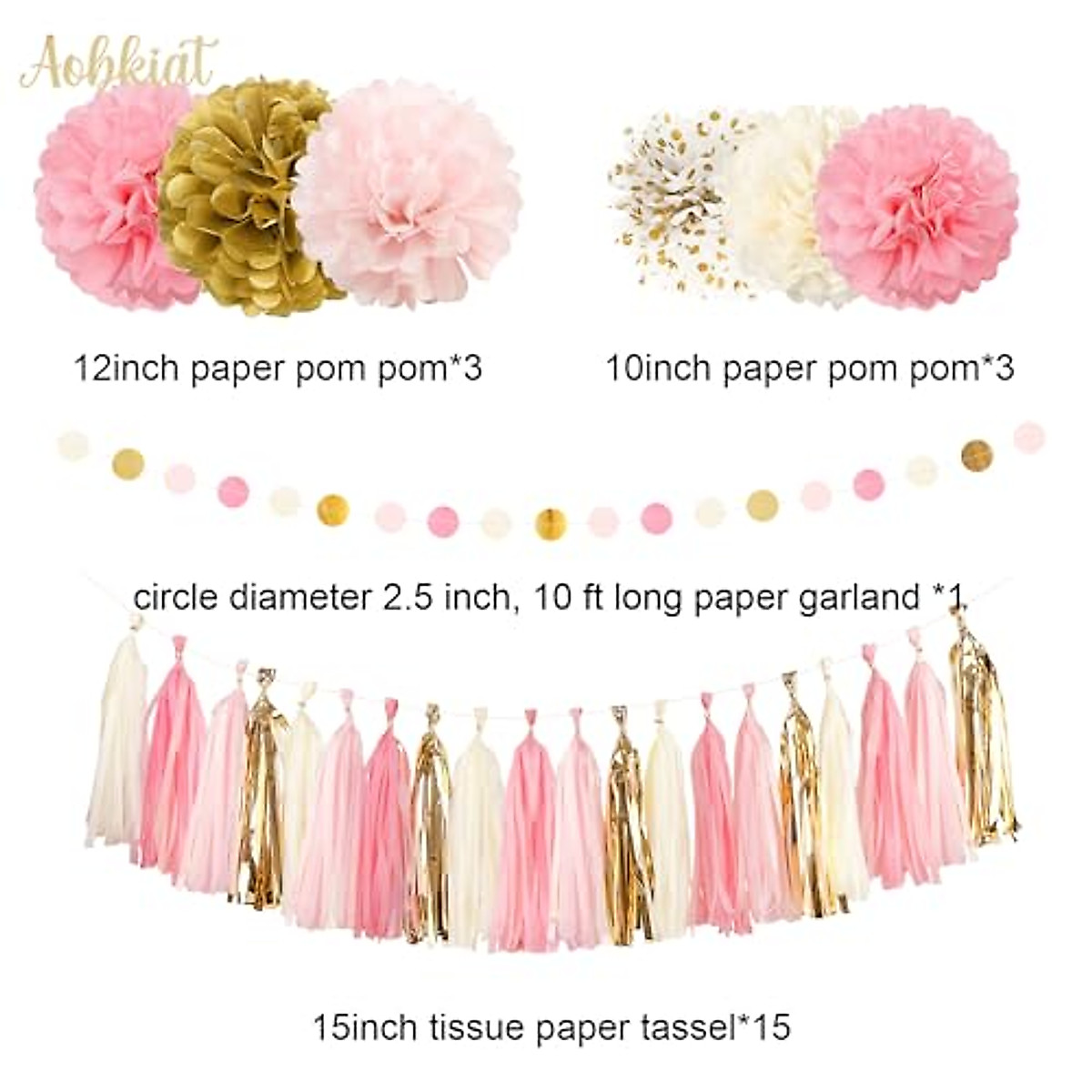 AOBKIAT Baby Shower Birthday Party Decorations for Girl,28 PCS Pink Gold Tissue Paper Pom Poms,Dots Paper Garland,Tassel Galand,Hanging Backdrop for Bridal Showers,Wedding Party Supplies