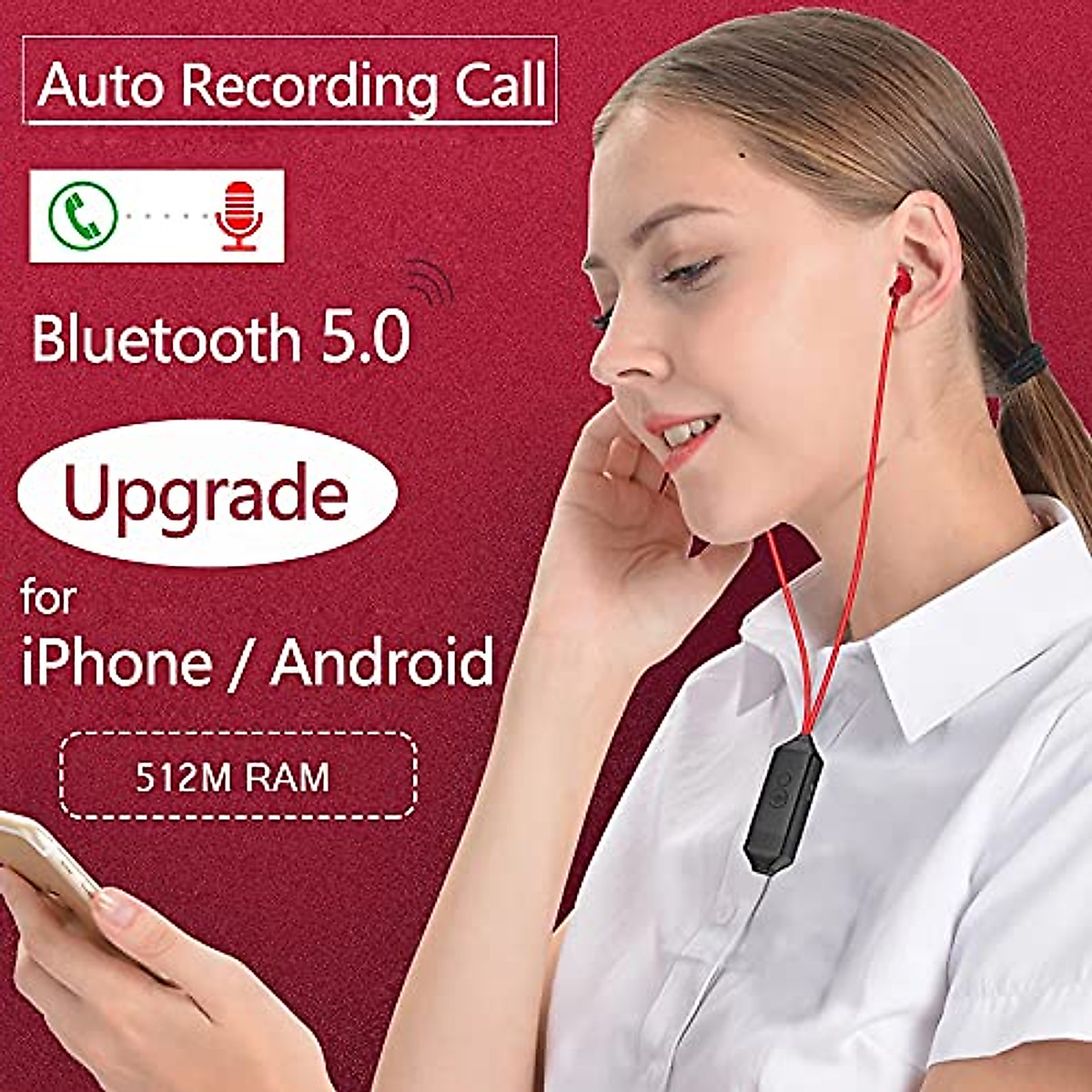 Wireless Bluetooth Call Recorder Device, Cellphone Phone Conversation Recording Headphone Voice Recorder Function Earphone for Android iPhone iPad Skype Whatsapp Audio Calls