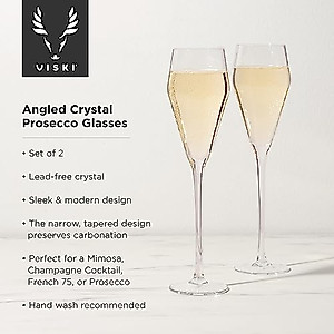 Viski Raye Angled Crystal Prosecco Glasses Set of 2, No-Lead Premium Crystal Clear Glass, Modern Stemmed, Prosecco Glass Gift Set, 8oz