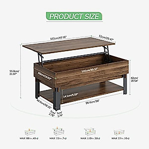 Novilla Modern Lift Top Coffee Table with Storage for Living Room Wodden Lift Tabletop Dining Table with Hidden Compartment and Metal Frame 40 Inch, Walnut