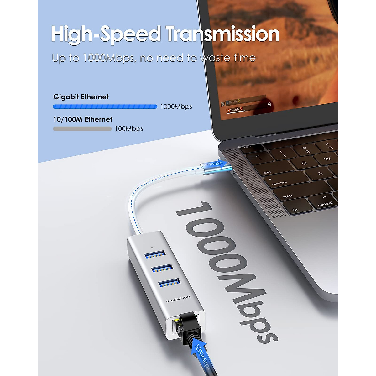 LENTION USB C Hub Ethernet Adapter, 3 USB 3.0 Ports, RJ45 Network Connector for 2023-2016 MacBook Pro, New Mac Air/iPad Pro, Chromebook, More, Stable Driver Certified (CB-C23s, Silver)