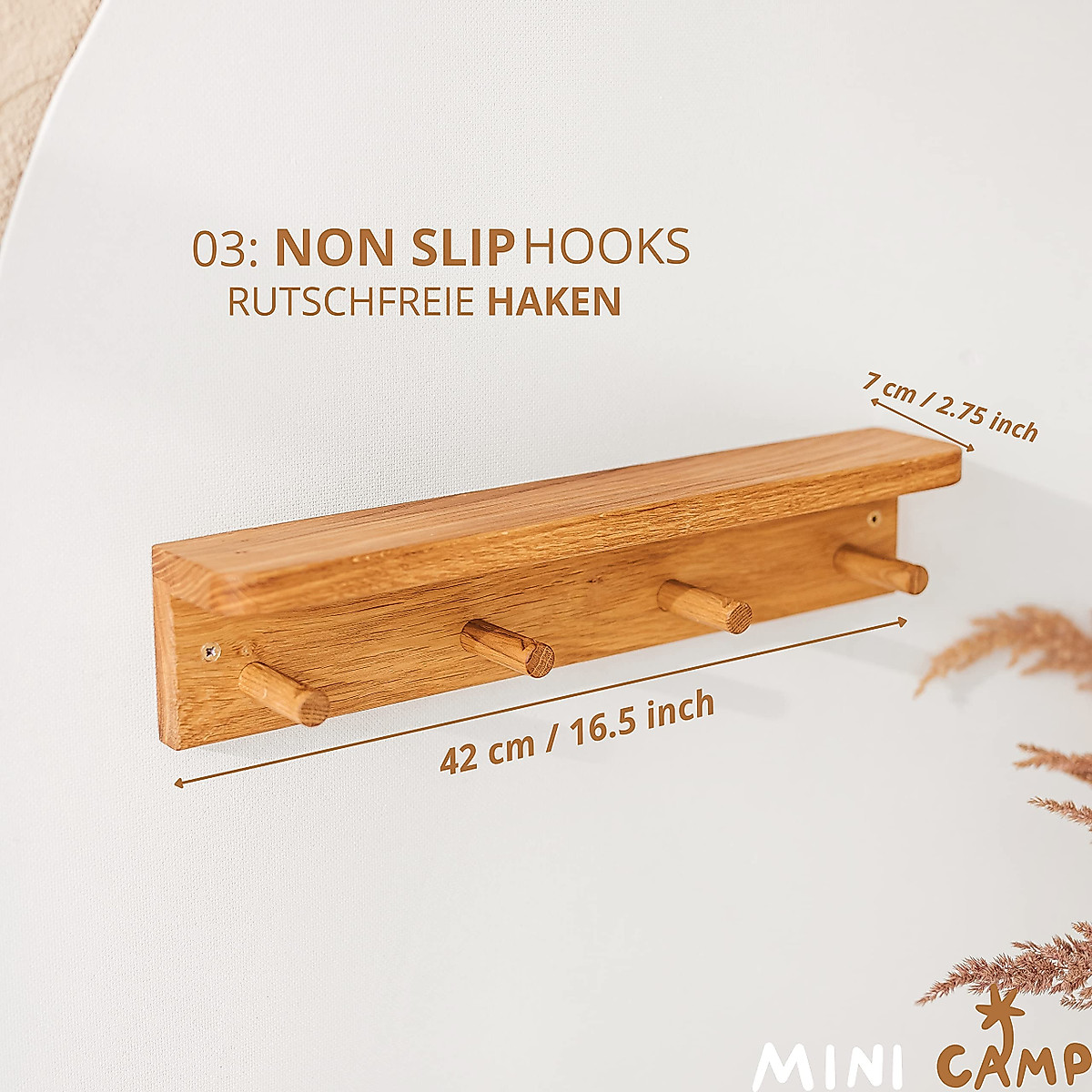 MINICAMP Coat Rack Shelf Wall Mounted - Solid Oak Coat Hooks for Door with 4 Pegs and Shelf - Wooden Peg Rail Kids Storage - Floating Handmade Baby Nursery Products - Scandi Decor