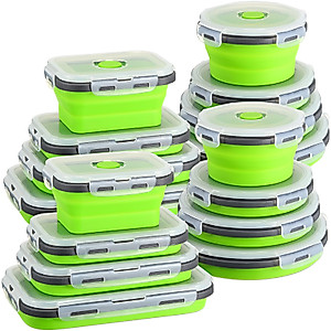 Dandat 16 Pcs Collapsible Food Storage, Silicone Food Storage Containers with Lids Including 8 Round Bowls, 8 Rectangle Bowls Collapsible Freezer Bowls Sets for Dishwasher (Green)