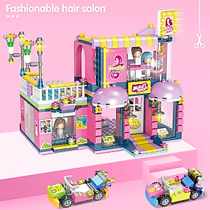 1373 Pieces Summer Pool Party Time, Hair Salon Toys Building Blocks Set Includes Juice Bar, Cars Building Play Kit,Storage Box, Learning and Roleplay Gift for Boys Girls 6-12