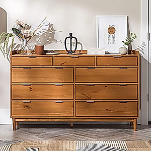 Walker Edison Blythe Mid-Century Modern Tray-Top Solid Wood 9-Drawer Dresser, 60 Inch, Caramel