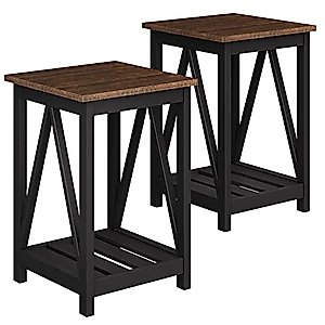 ChooChoo Farmhouse End Table, Rustic Vintage End Side Table with Storage Shelf for Small Spaces, Nightstand Sofa Table for Living Room, Bedroom Black 2 Pack