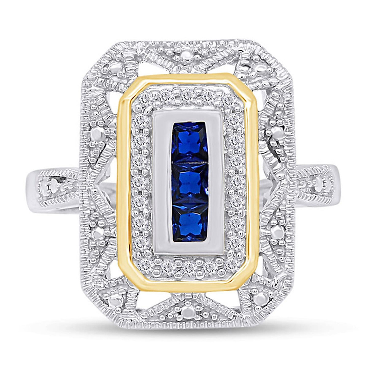 14K White Gold Over Sterling Silver Simulated Blue Sapphire & Diamond Accent Art Deco-Style Ring (1/10 cttw, I-J Color, I3 Clarity) Ring Size-4