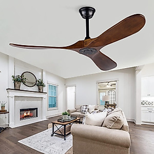 Solid Wood Ceiling Fans Without Light, 52 Inch Real Wood Ceiling Fan with Remote Control and 3 blade, Natural Wood Ceiling Fan Waterproof, Indoor Outdoor Ceiling Fans for Patio, Bedroom, Living room